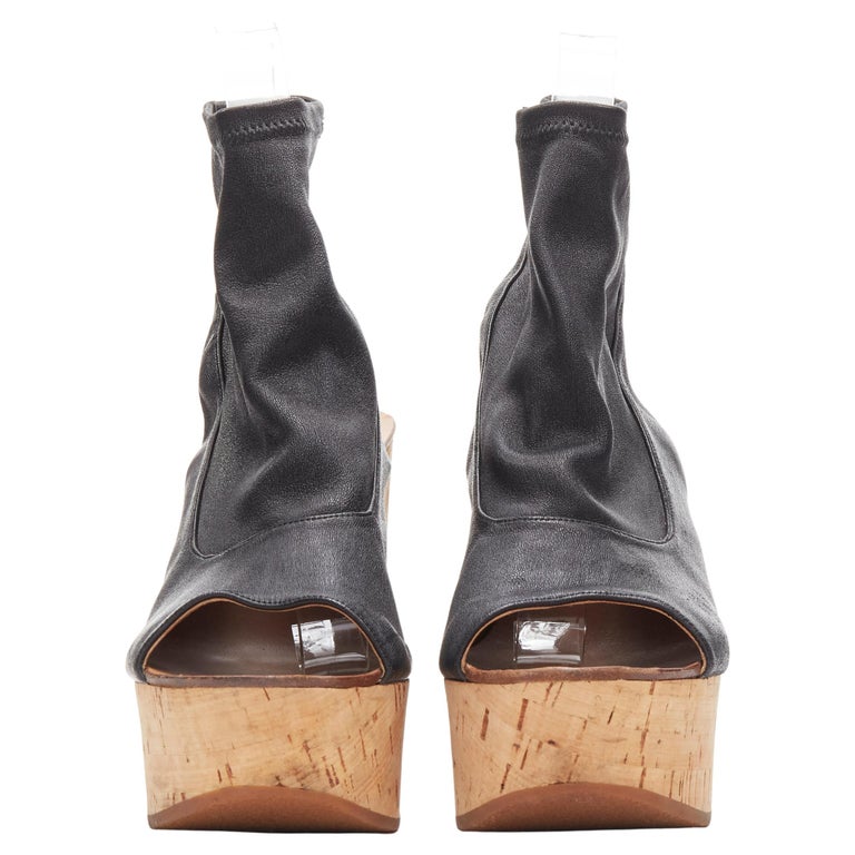 CHLOE black soft leather open toe brown cork wedge platform bootie EU39 ...