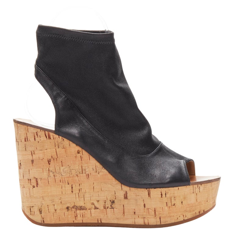 CHLOE black soft leather open toe brown cork wedge platform bootie EU39 ...