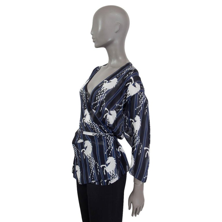 CHLOE blue and white silk HORSE PRINT SHEER WRAP Blouse Shirt 36 XS For Sale at 1stDibs