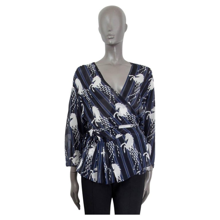 CHLOE blue and white silk HORSE PRINT SHEER WRAP Blouse Shirt 36 XS For Sale at 1stDibs