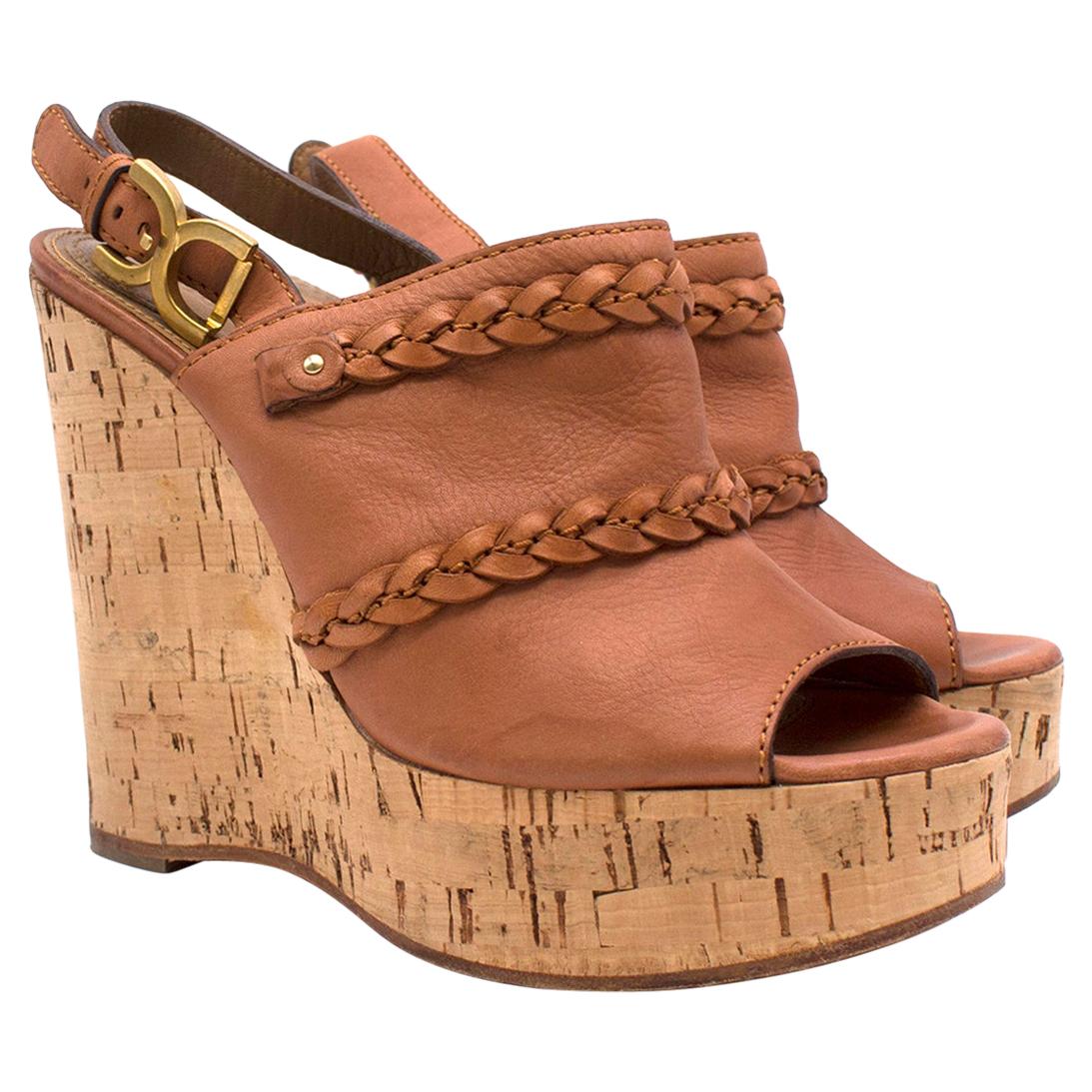 Chloe Brown braided leather cork wedges For Sale at 1stDibs