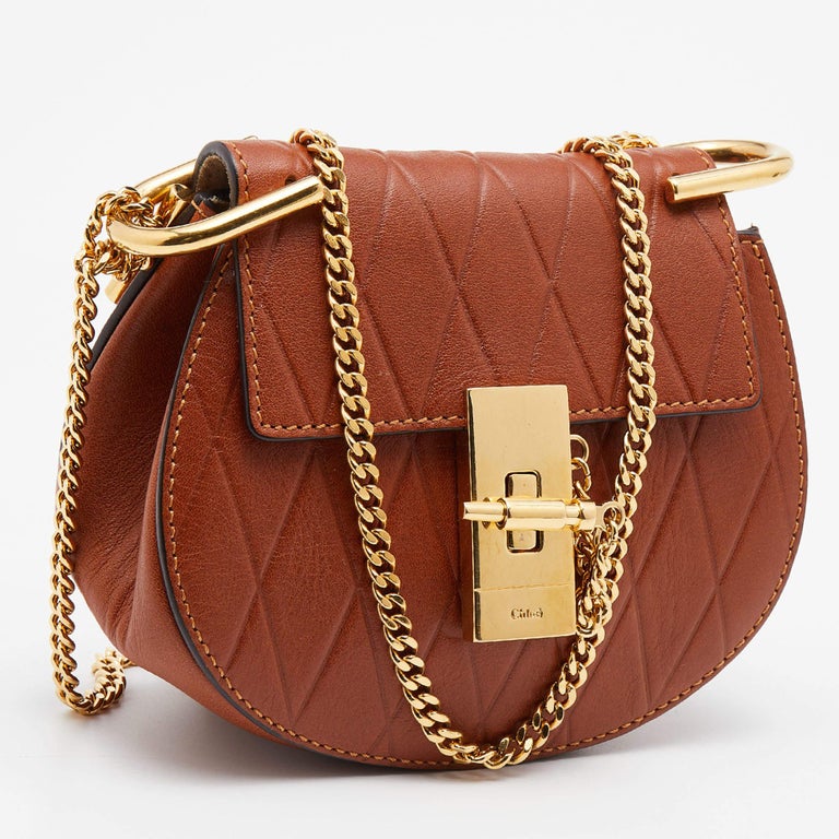 Chloe Brown Diamond Embossed Leather Nano Drew Crossbody Bag For Sale ...