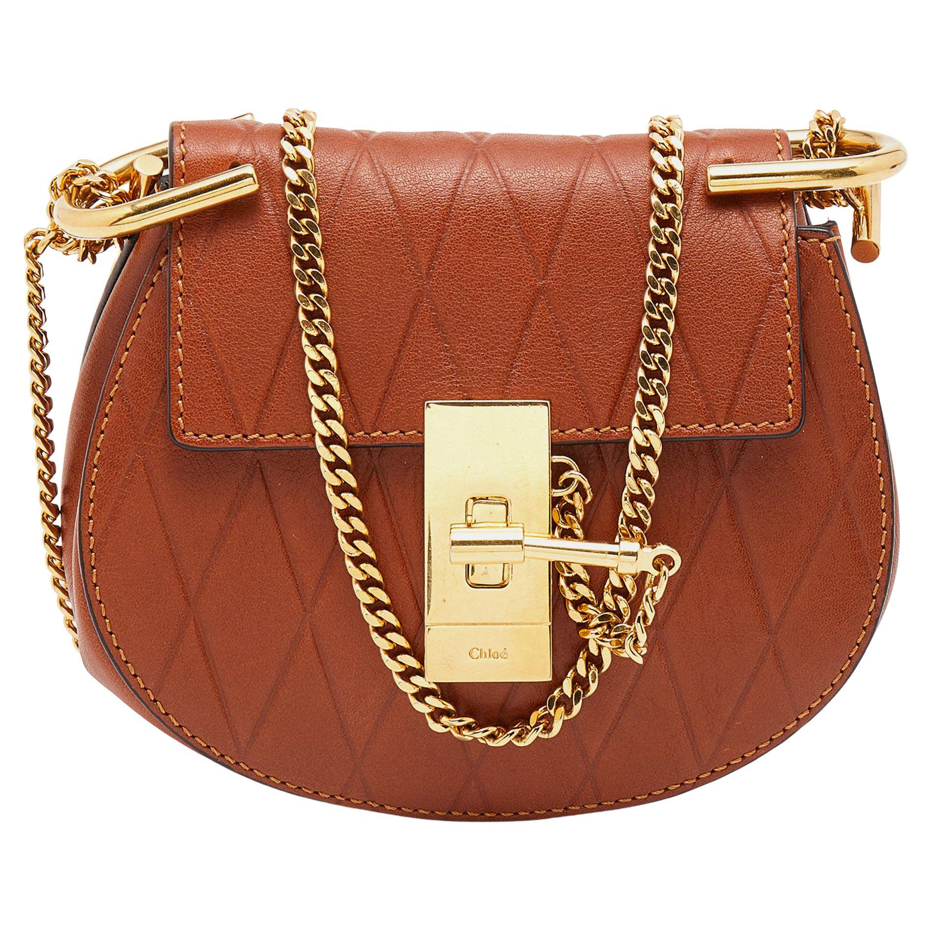 Chloe Brown Diamond Embossed Leather Nano Drew Crossbody Bag For Sale at 1stDibs