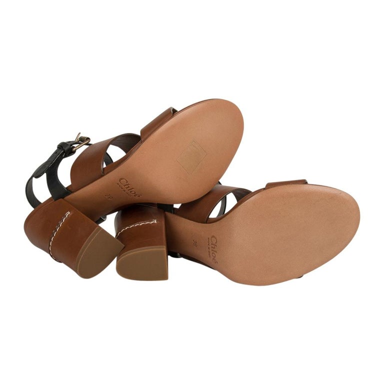 Chloe Cognac Brown and Black Block Heel Shoe Chic Sandal 39 / 9 For ...