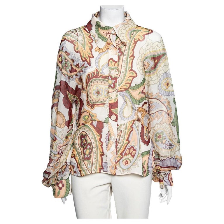 Chloe Cream Paisley Print Silk Crepon Shirt L For Sale at 1stDibs