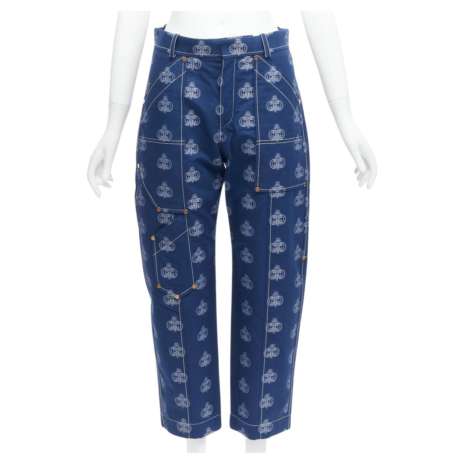 CHLOE deep blue cotton CC logo monogram high waist cargo pocket pants ...