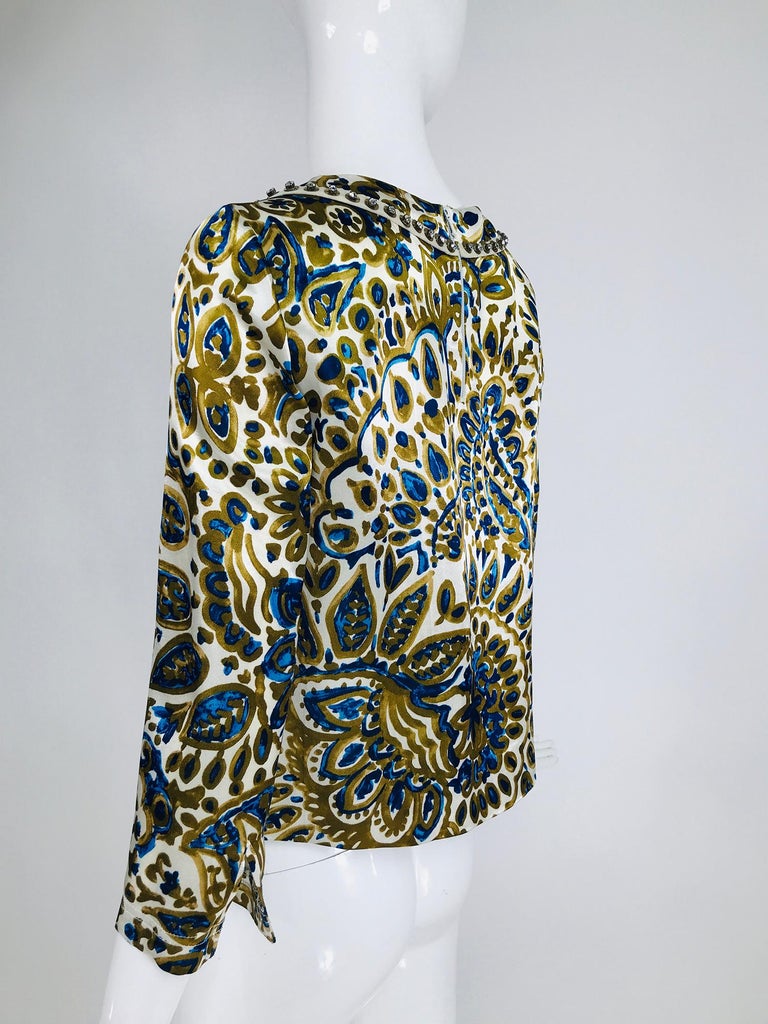 Chloe' Gold and Blue Rhinestone Jewel Neckline Blouse For Sale at 1stDibs
