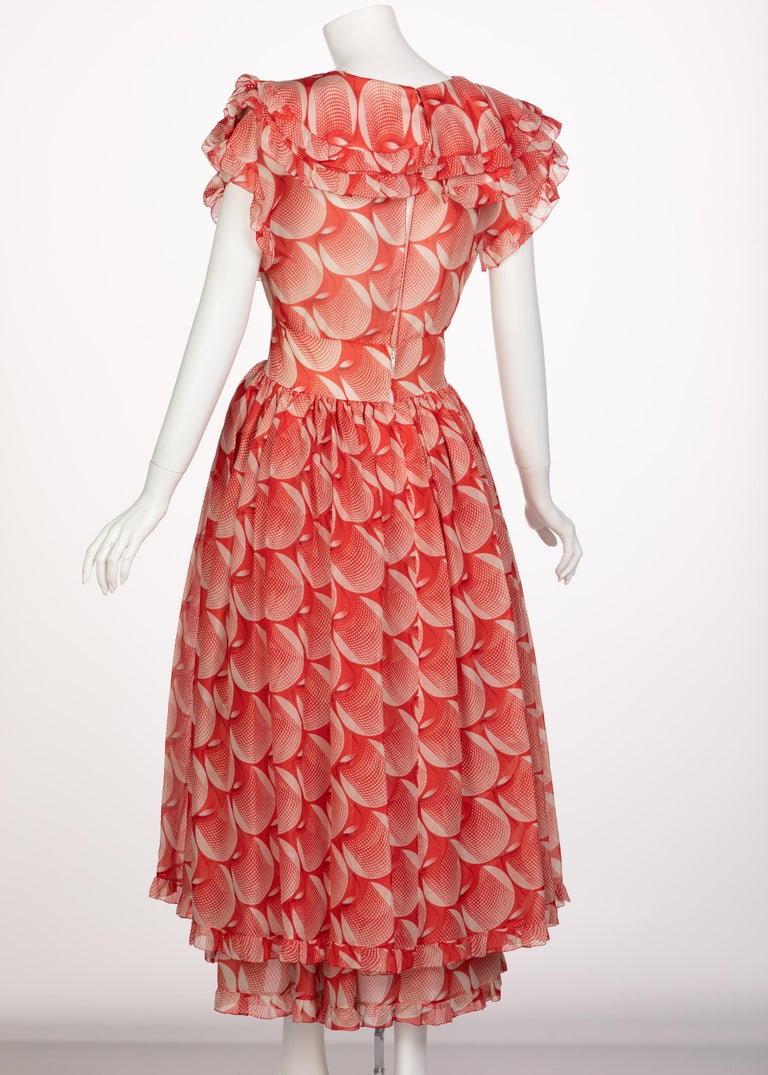 Chloe Karl Lagerfeld Red White Printed Silk Dress Runway 1982 at 1stDibs