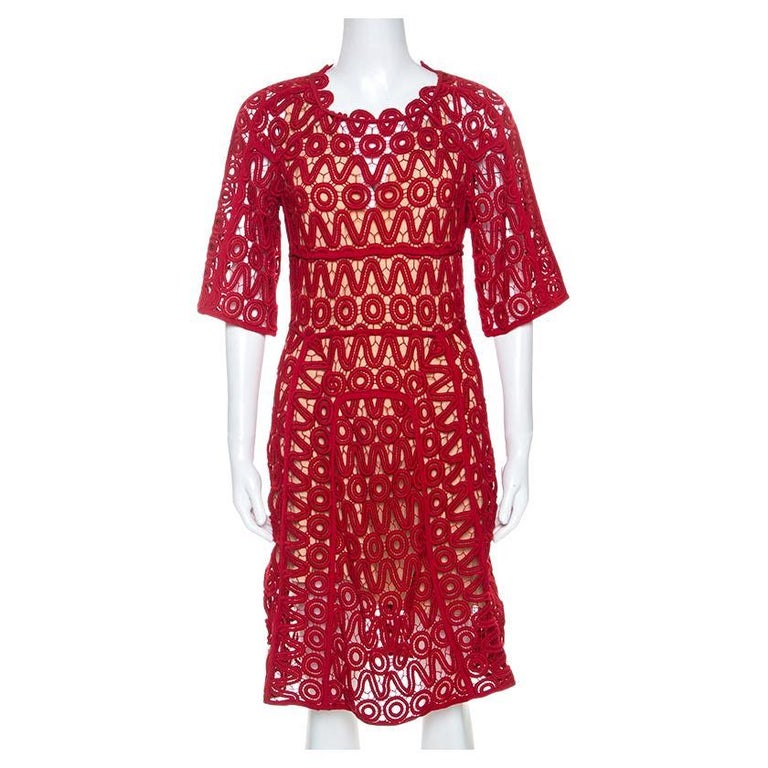 Chloe Lacquer Red Corded Lace Contrast Silk Lined Sheath Dress S For ...