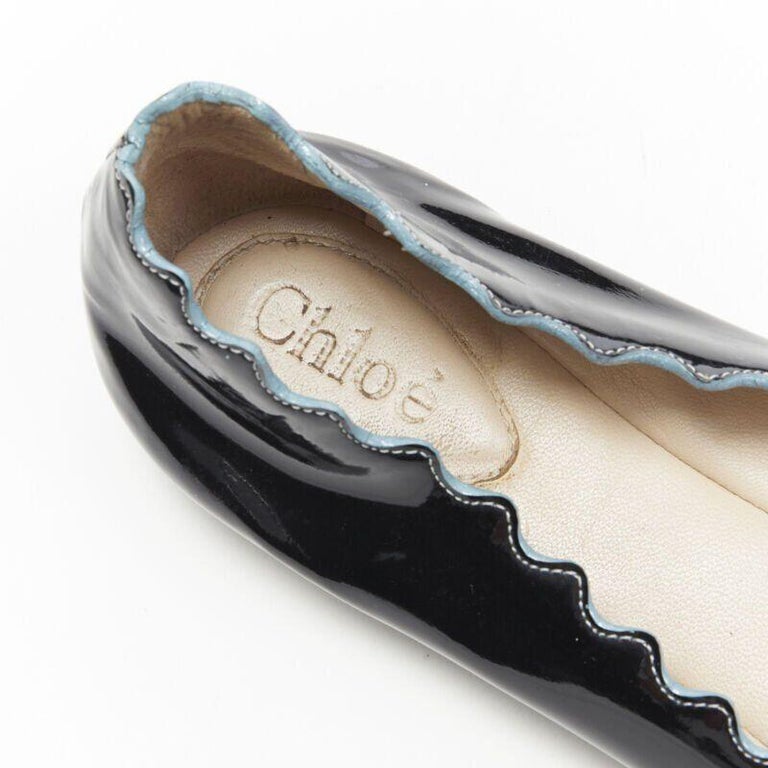 CHLOE Lauren black patent leather scalloped edge round toe ballet flats ...