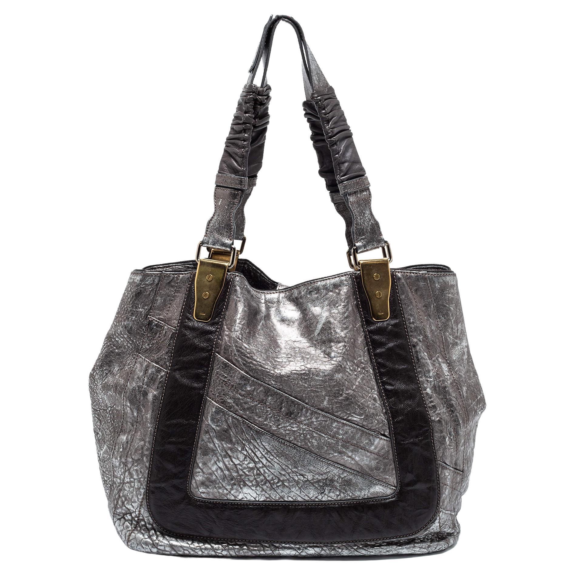 Chloe Metallic Grey Pebbled Leather Shopper Tote at 1stDibs