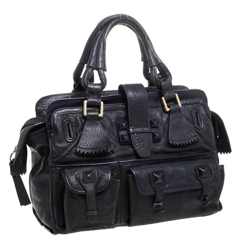 Chloe Midnight Blue Leather Front Pocket Tote For Sale at 1stDibs