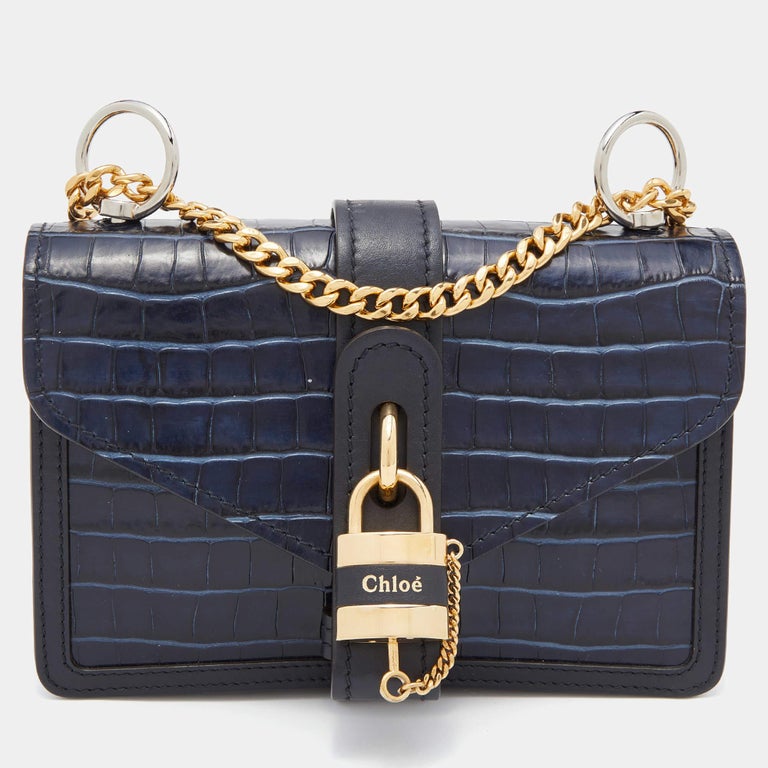 Chloe Navy Blue Croc Embossed Leather Mini Aby Chain Shoulder Bag For ...