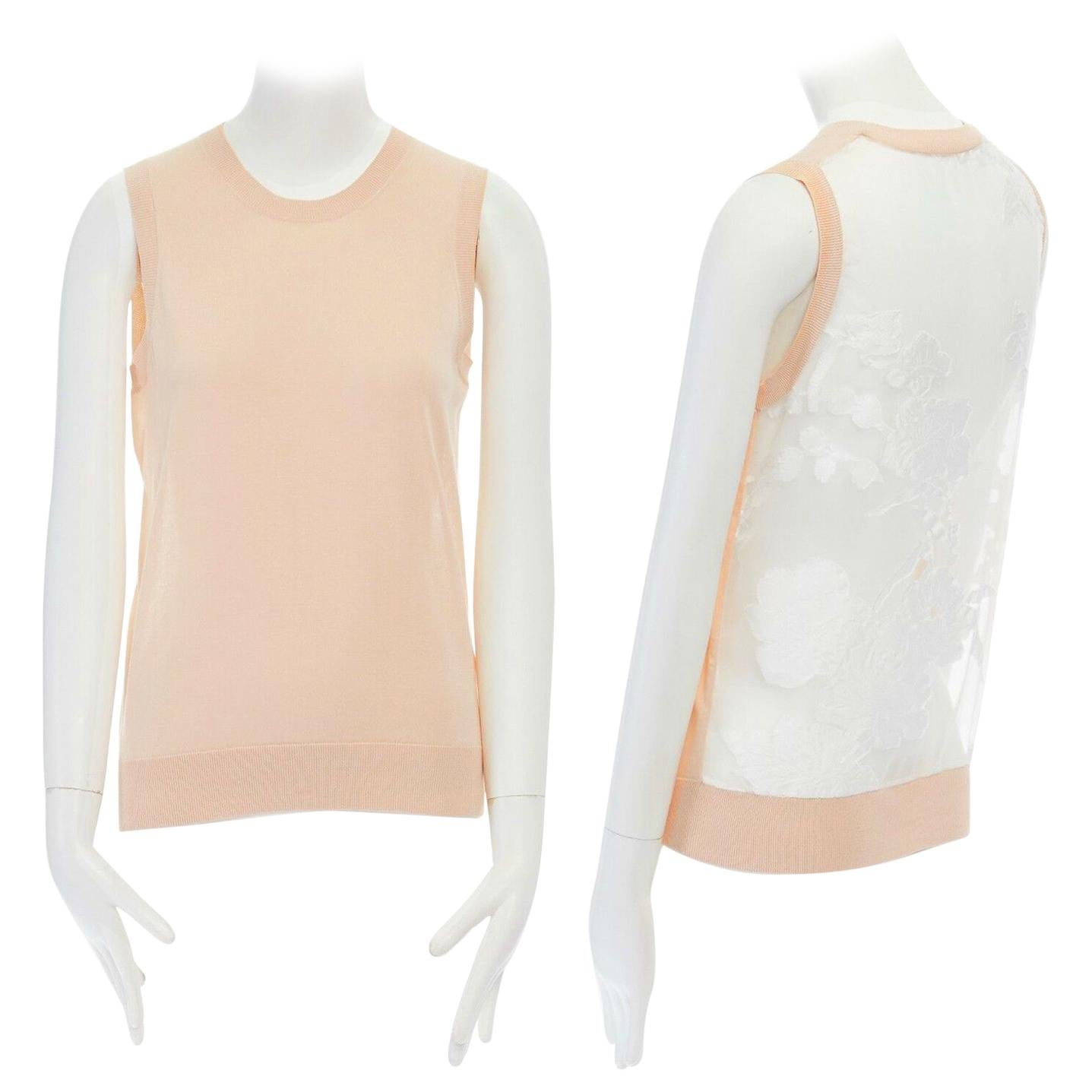 CHLOE peach wool knit white floral embroidered silk sheer back ...