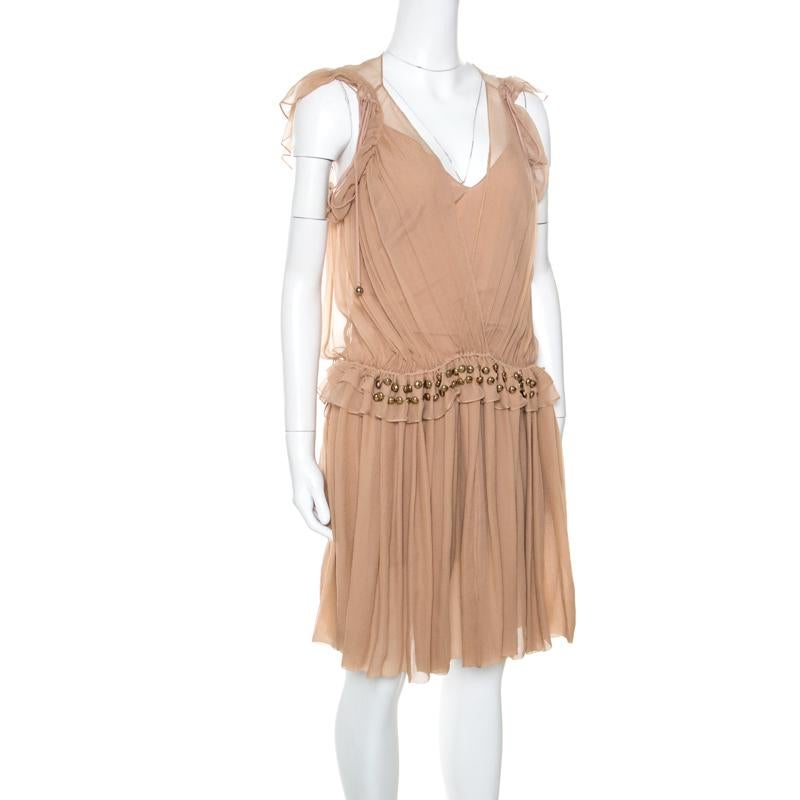 Chloe Pinky Beige Silk Crepon Pleated Embellished Dress S at 1stDibs ...