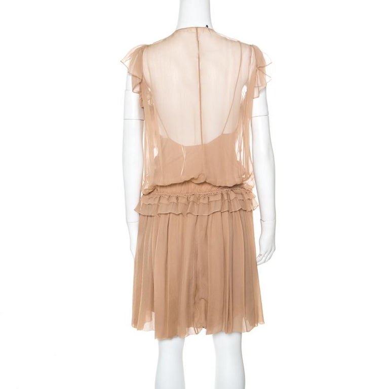Chloe Pinky Beige Silk Crepon Pleated Embellished Dress S at 1stDibs