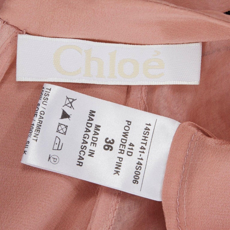 CHLOE powder pink 100% silk black trimmed tier ruffle front sleeveless ...