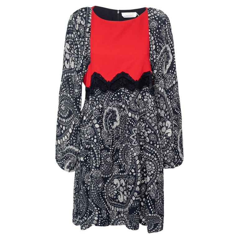 Chloe Red and Blue Floral Printed Crepe Lace Detail Midi Dress L For ...