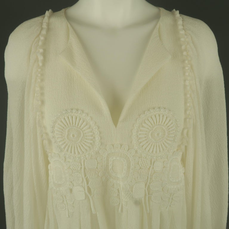CHLOE Size 8 Cream Silk Crepe Embroidered Baloon Sleeve Tunic Blouse at ...
