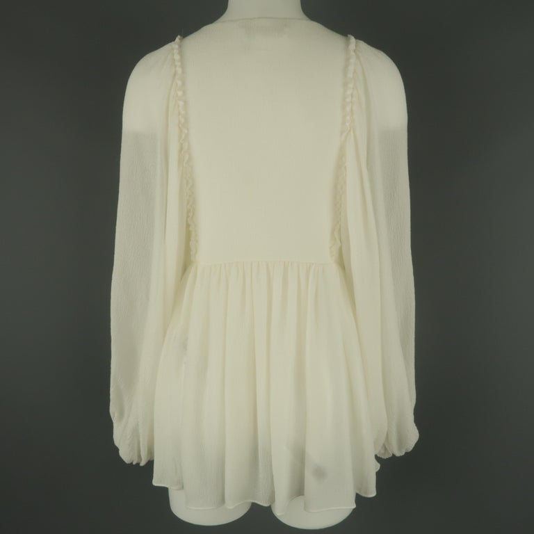 CHLOE Size 8 Cream Silk Crepe Embroidered Baloon Sleeve Tunic Blouse at ...