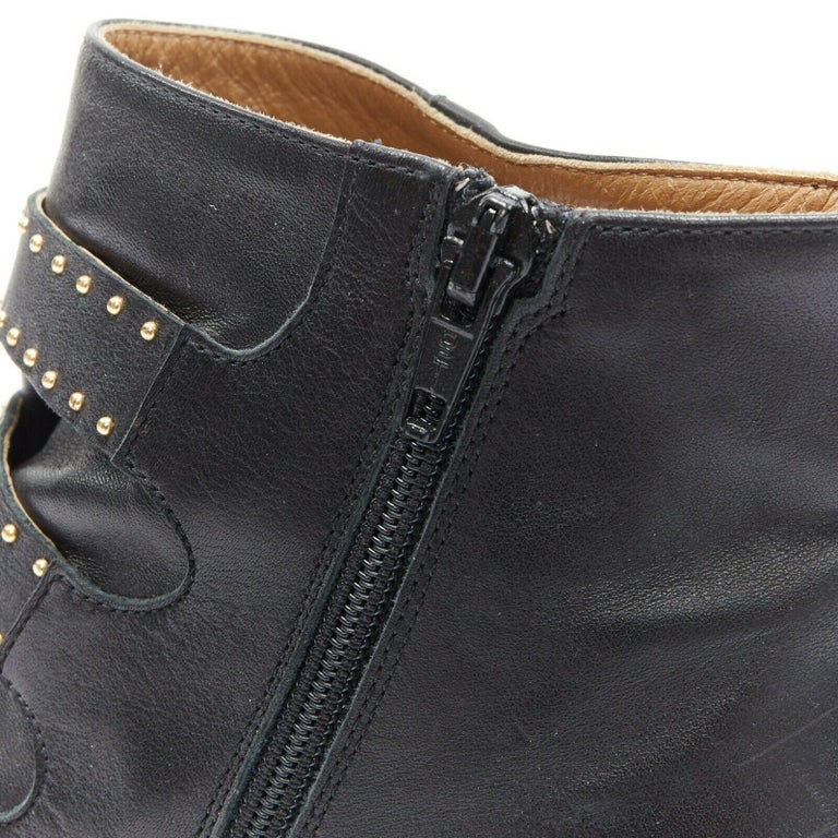 CHLOE Susanna black leather gold floral micro stud trio buckle ankle ...