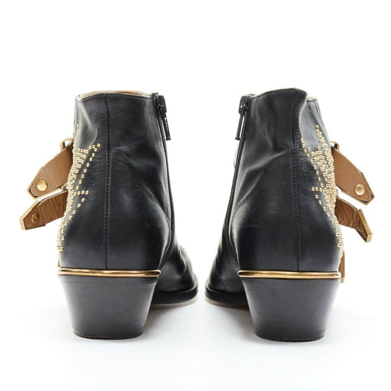 CHLOE Susanna black leather gold floral micro stud trio buckle ankle ...