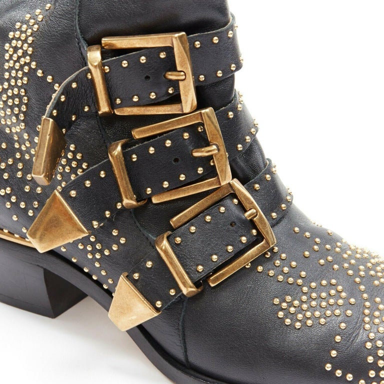 CHLOE Susanna black leather gold floral micro stud trio buckle ankle ...