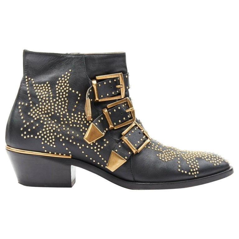 CHLOE Susanna black leather gold floral micro stud trio buckle ankle ...