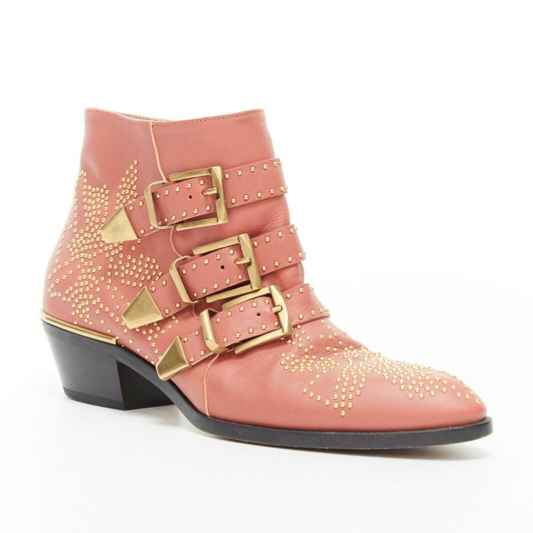 CHLOE Susanna dusty rose pink gold floral micro stud trio buckle ankle ...