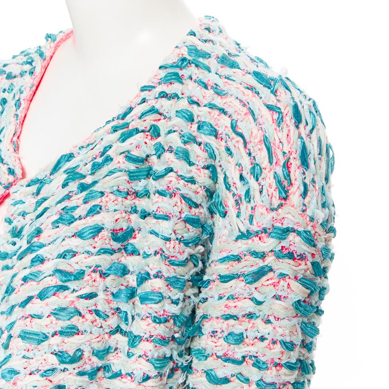 CHLOE teal blue green ribbon wool knit neon pink inner cardigan jacket ...