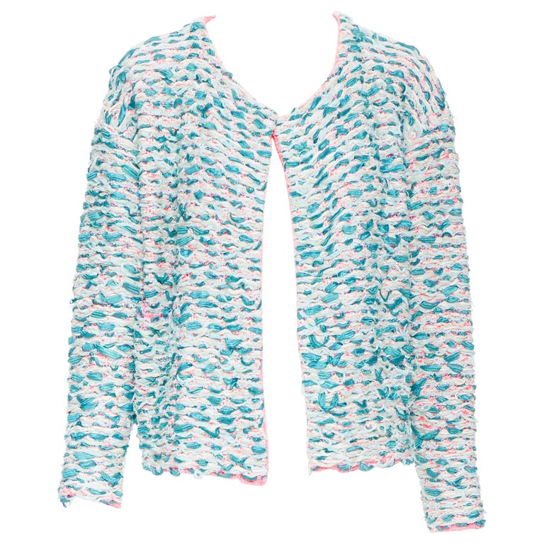 CHLOE teal blue green ribbon wool knit neon pink inner cardigan jacket ...