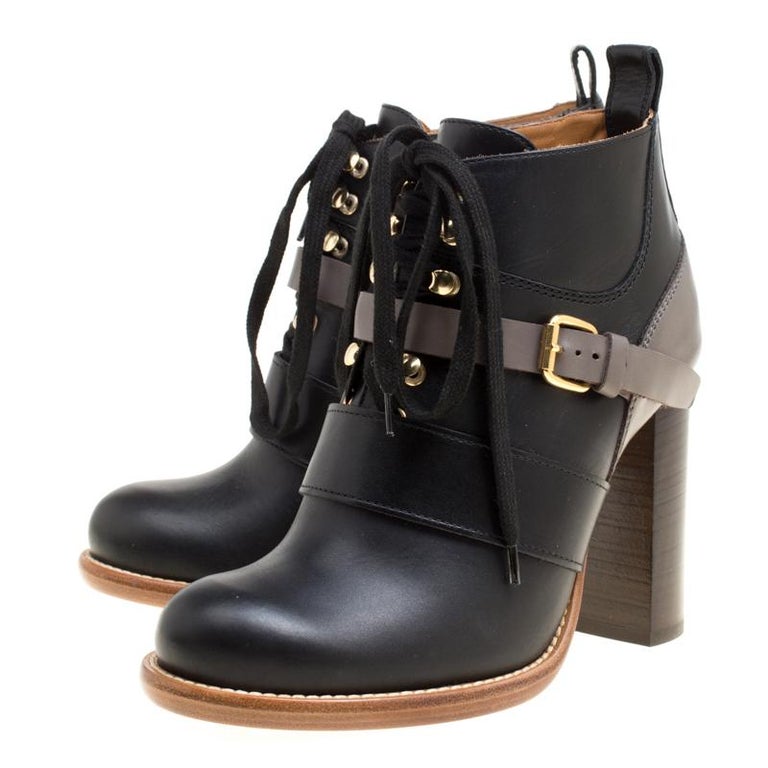 Chloe Two Tone Leather Block Heel Lace Up Ankle Boots Size 36 For Sale ...