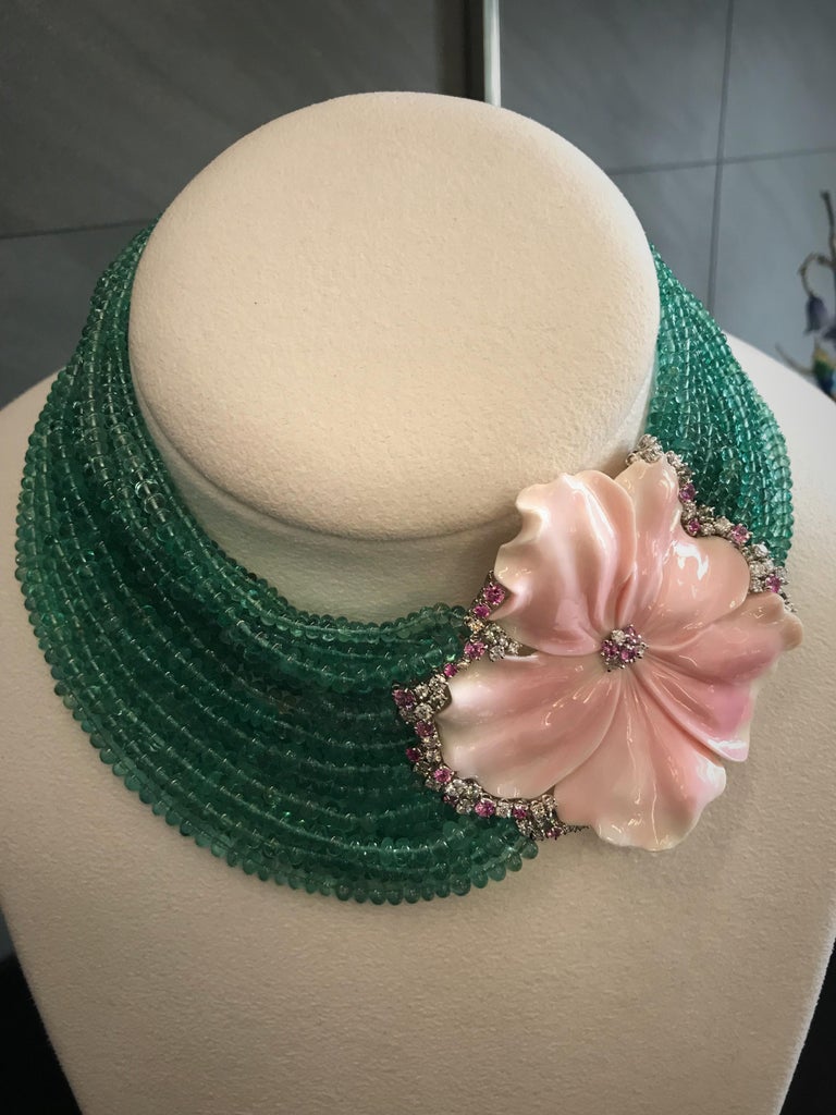 Choker Necklace Pink Shell Flower Emerald Beads Pink and Green ...