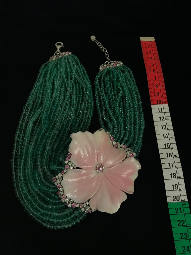 Choker Necklace Pink Shell Flower Emerald Beads Pink and Green ...