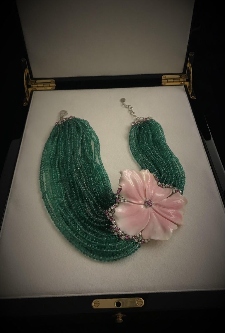 Choker Necklace Pink Shell Flower Emerald Beads Pink and Green ...