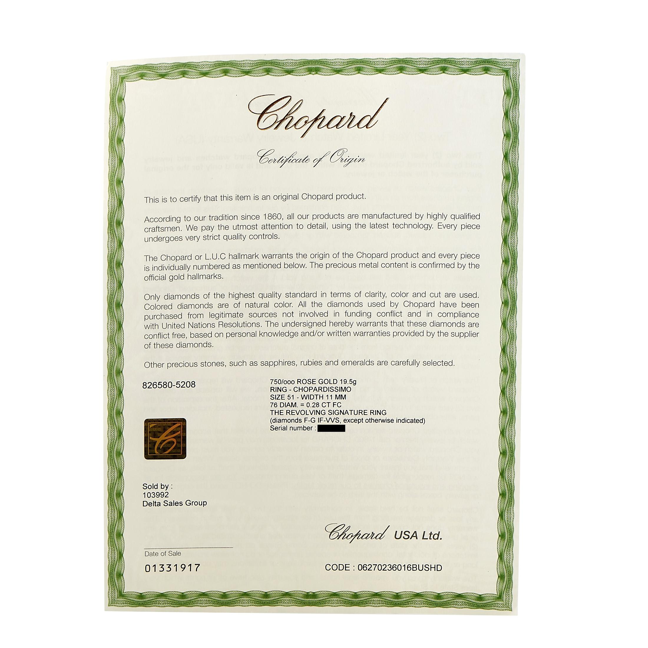 Chopard 18K Rose Gold 0.28 Ct Diamond Revolving Signature Band Ring For ...