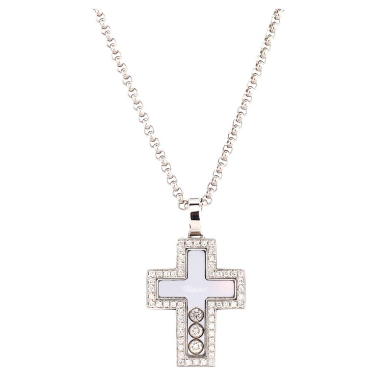 Chopard Happy 3 Diamonds Cross Pendant Necklace 18k White Gold For Sale ...