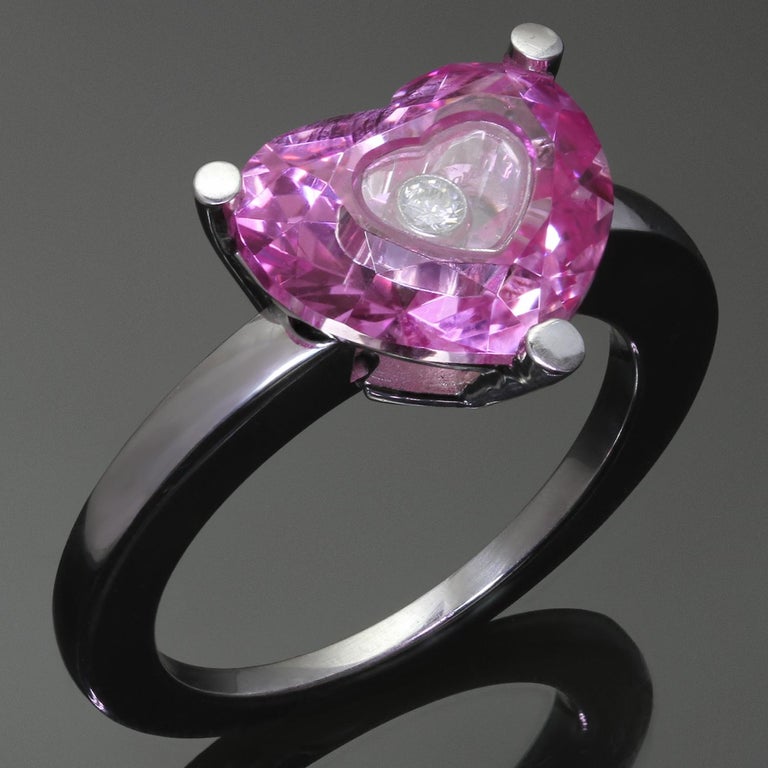 CHOPARD Happy Diamond Heart Pink Quartz 18k White Gold Ring For Sale at ...