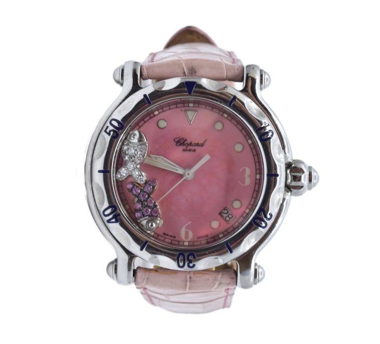 Chopard Happy Sport Diamond Fish Mother of Pearl Leather Strap Watch at ...