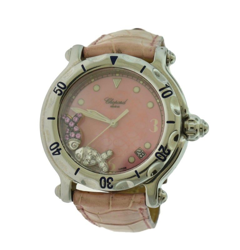 Chopard Happy Sport Diamond Fish Mother of Pearl Leather Strap Watch at ...