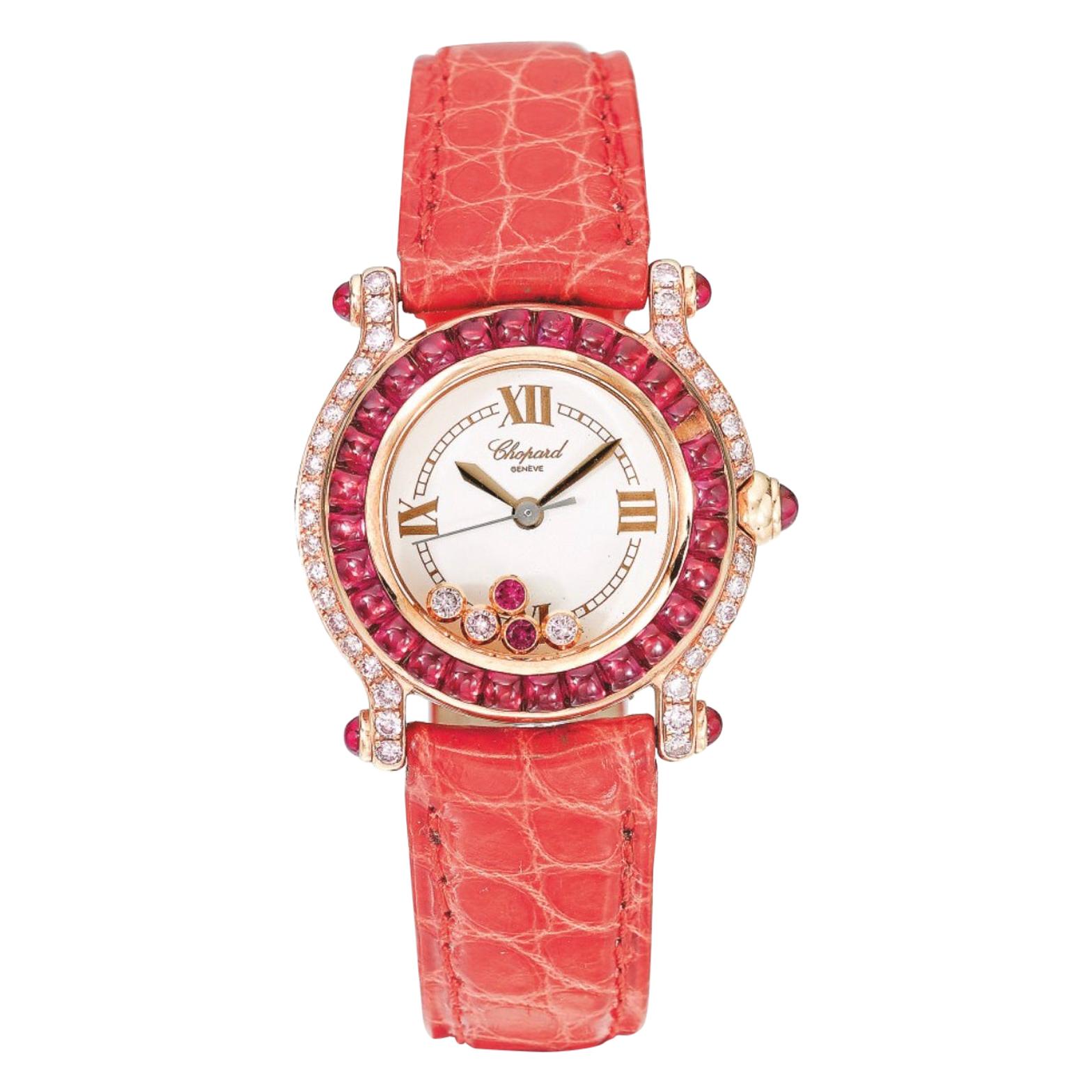 Chopard Happy Sport Pink Diamond Ruby Gold Watch For Sale at 1stDibs ...