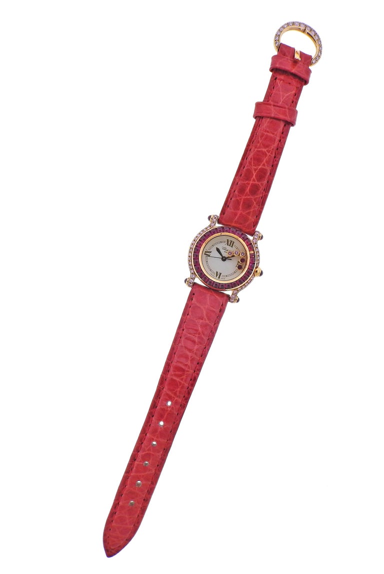 Chopard Happy Sport Pink Diamond Ruby Gold Watch For Sale at 1stDibs ...