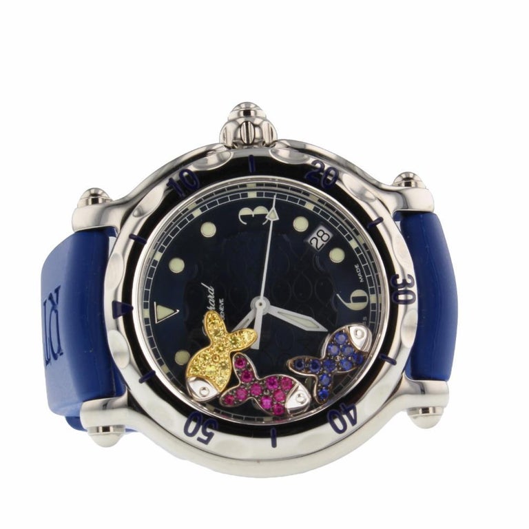 Chopard Happy Sports Fish Steel Watch 8347 Pave Sapphires and Ruby Fish ...