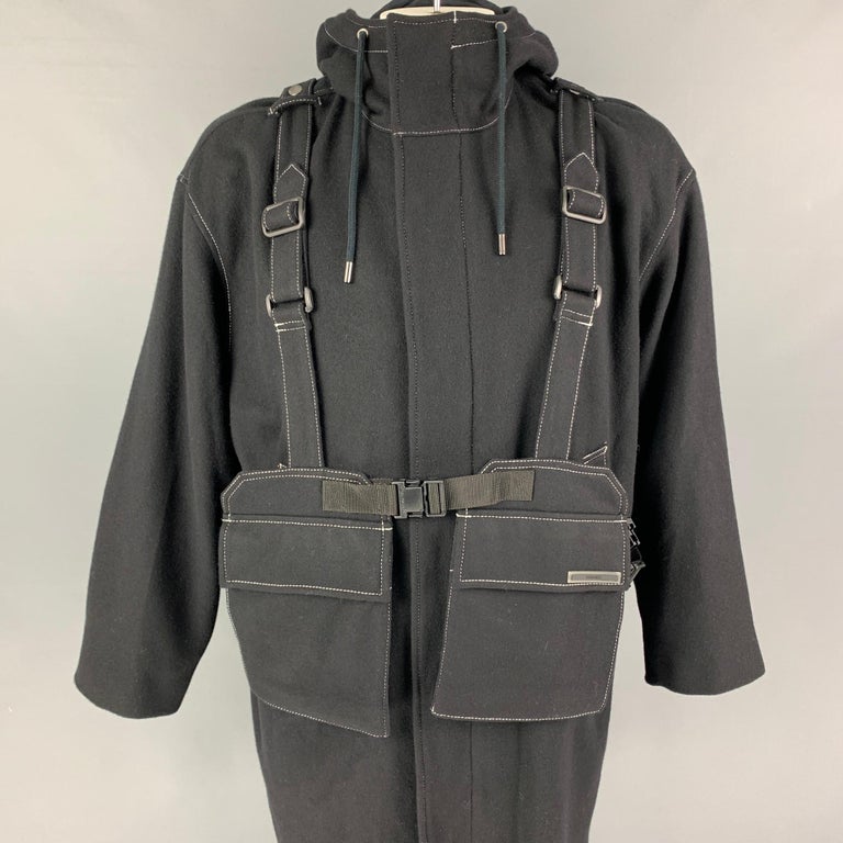 CHRISTIAN DADA Size 38 Black Contrast Stitch Wool Hooded Melton Coat ...