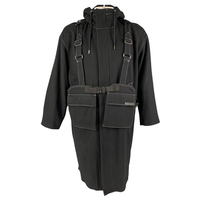 CHRISTIAN DADA Size 38 Black Contrast Stitch Wool Hooded Melton Coat ...