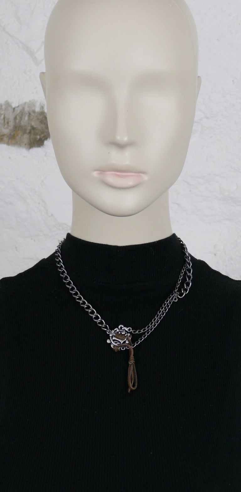 Christian Dior Antiqued Silver Toned Logo Leather Necklace For Sale at ...
