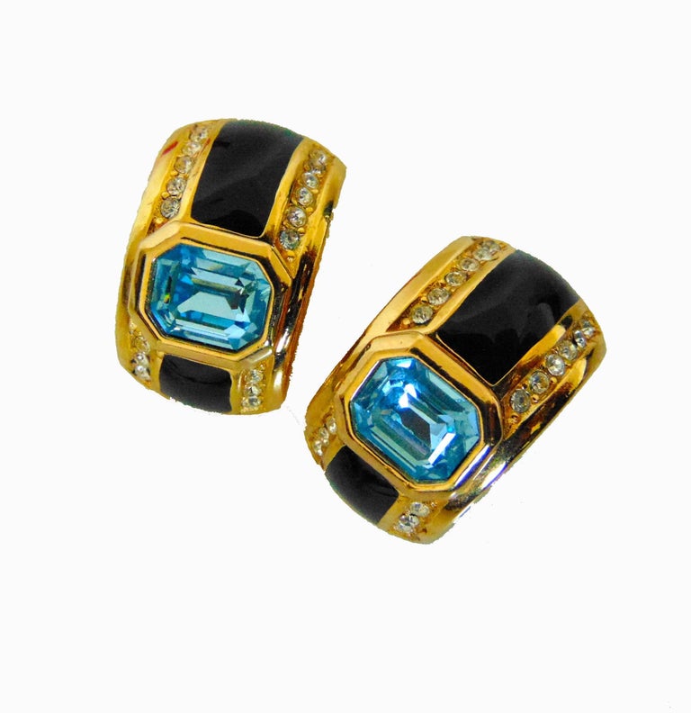 Christian Dior Art Deco Earrings with Faux Sapphire Topaz Crystals 1980s For Sale at 1stDibs
