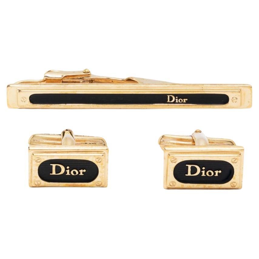 Christian Dior Black and Gold Tone Logo Stamp Cufflinks and Tie Clip ...