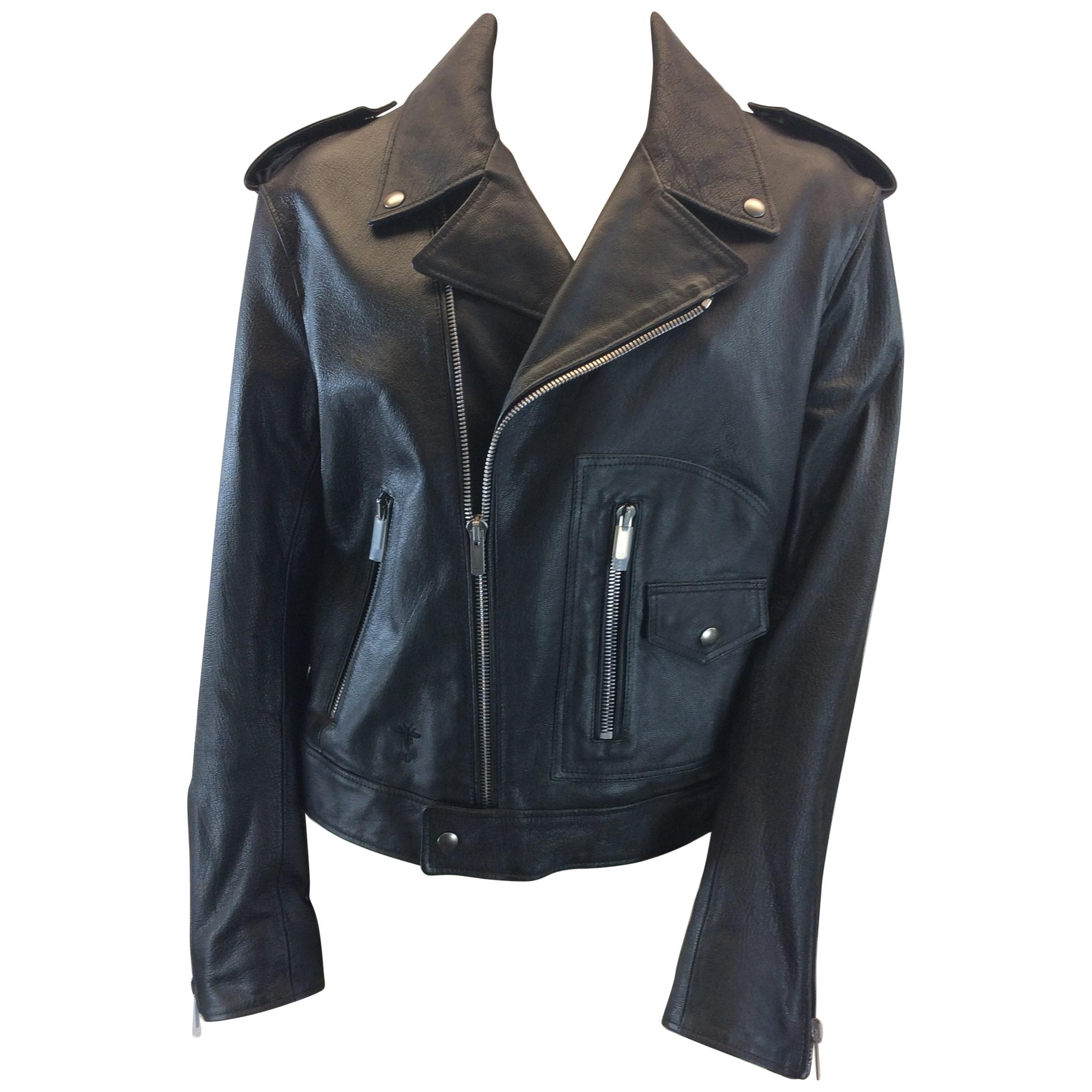 Christian Dior Black Leather Studded Moto Jacket For Sale at 1stDibs