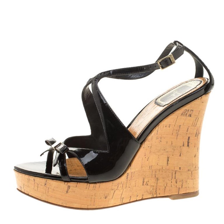 Christian Dior Black Patent Leather Dior Starlet Platform Cork Wedges ...